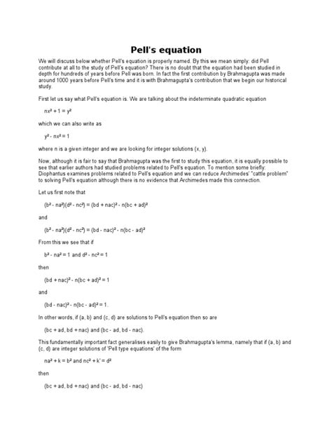 Pells Equation Pdf Equations Number Theory