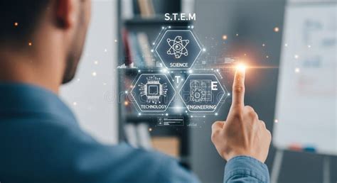 Man Interacting With Stem Interface Showcasing Science Technology Engineering And Mathematics