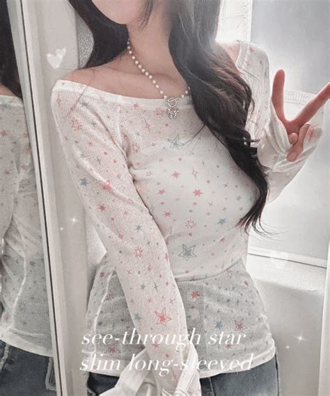 당일🚀 오프숄더가능슬림핏 유니크 별 포인트 시스루 프린팅 슬림핏 긴팔 티셔츠 학생 대학생 캠퍼스 직장인 여행 수학여행 졸업 개강 방학 여신 공주 데일리 데이트 증사