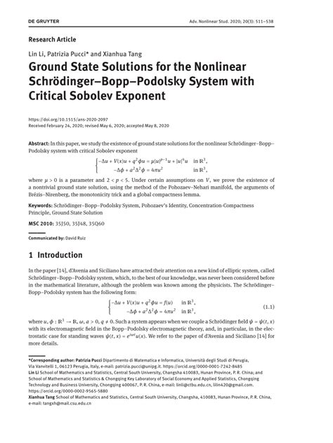 Pdf Ground State Solutions For The Nonlinear Schrödingerbopppodolsky System With Critical