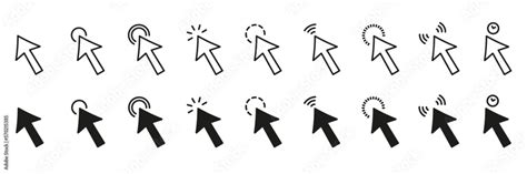 Mouse Pointer Line And Silhouette Icon Set Computer Cursor Arrow