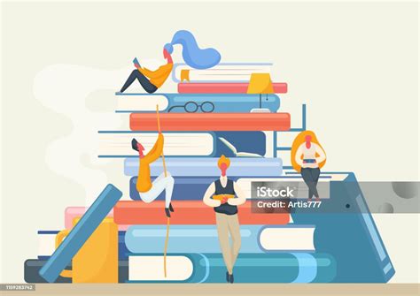 사람 문자와 책 도서관 배너 만화 남자와 여자가 책을 읽고 책 축제 개념 벡터 일러스트 읽기에 대한 스톡 벡터 아트 및 기타