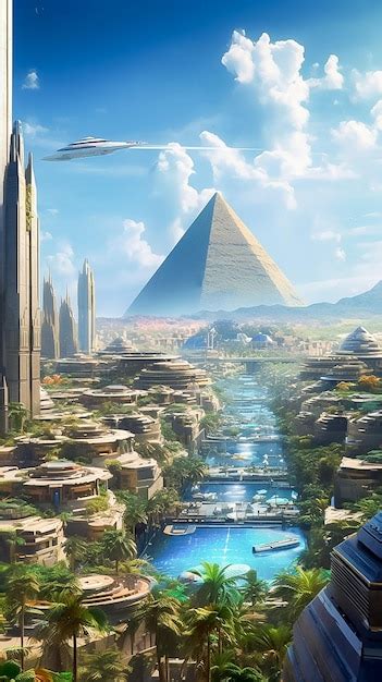 Premium Ai Image A Futuristic Colorful City In Ancient Egypt Huge Futuristic Cyber Temple City