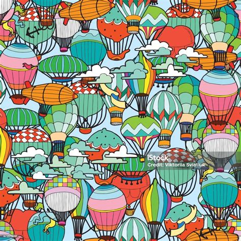 다른 뜨거운 공기의 원활한 패턴 하늘에 풍선 복고풍 스타일에 손으로 그린된 그림입니다 공중 뷰에 대한 스톡 벡터 아트 및 기타 이미지 공중 뷰 프랑스 관광 Istock