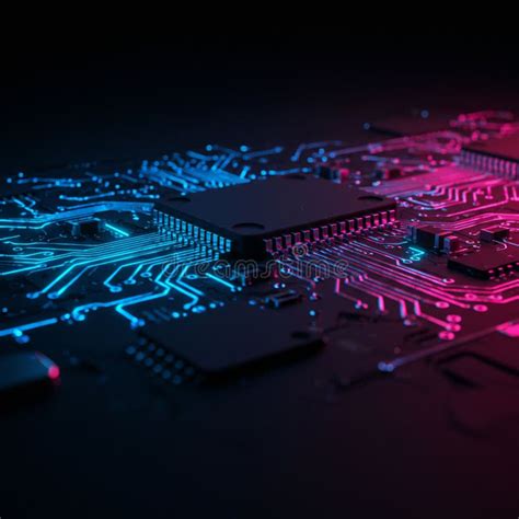 A Close Up Of A Circuit Board With Microchips And Pathways The Board Features Stock