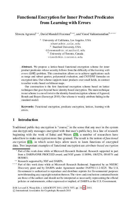 Pdf Functional Encryption For Inner Product Predicates From Learning With Errors