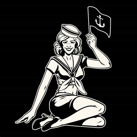 Marineblauwe Pin Up Girl Tekening Vintage Sailor Jerry Style Tattoo