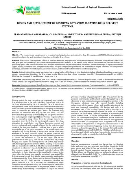 Design And Development Of Losartan Potassium Floating Drug Delivery