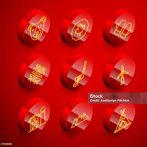 곰 머리 캐나다 단풍 잎 크리스마스 벙어리 장갑 눈송이 아이스 하키 스틱과 퍽 풍력 터빈 농가 및 산 아이콘을 설정합니다 벡터 0명에 대한 스톡 벡터 아트 및 기타 이미지