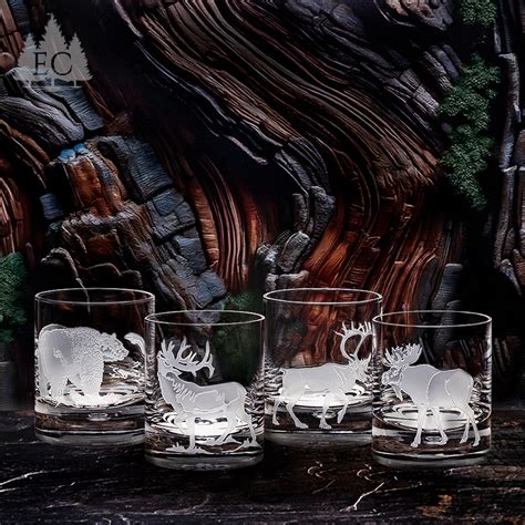 Alaskan Wildlife Etched Crystal Rocks Glasses Set Of 4 Indian