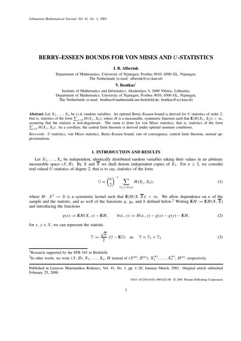 Pdf Berry Esseen Bounds For Von Mises And U Statistics