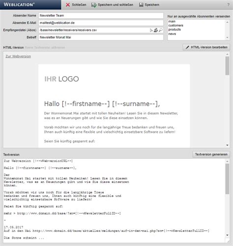 Weblication Cms Onlinedokumentation Bearbeiten Eines Newsletters