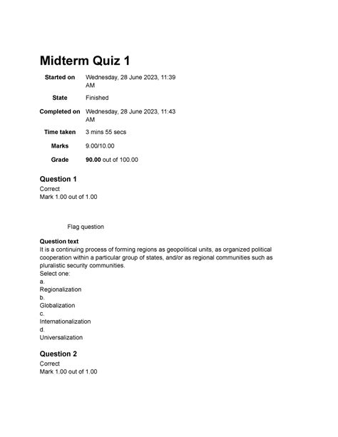 Contemporary World Midterm Quiz 1 Midterm Quiz 1 Started On Wednesday 28 June 2023 11 Am