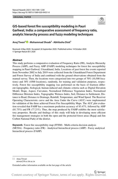 Gis Based Forest Fire Susceptibility Modeling In Pauri Garhwal India A Comparative Assessment