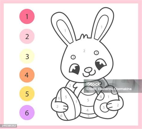 부활절 달걀을 곁들인 귀여운 분홍색 토끼와 함께 아이들을 위한 숫자로 색칠하기 책 만화 토끼와 함께 색칠 공부 페이지 벡터