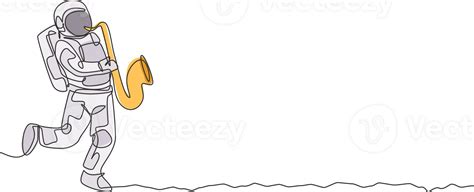 Single Continuous Line Drawing Of Astronaut Playing Saxophone Musical Instrument In Moon Surface