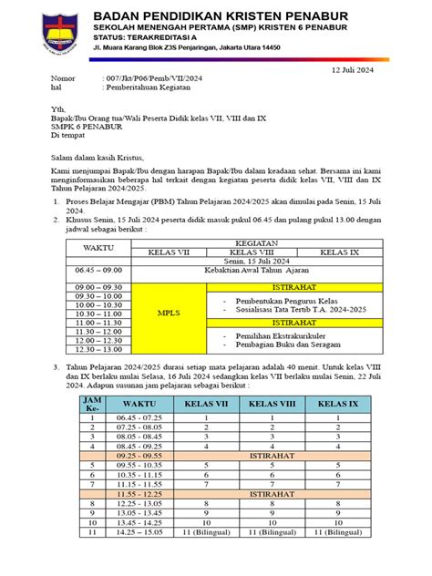 003 Surat Pemberitahuan Durasi Jam Pelajaran Kelas Vii Viii Dan Ix 1 Pdf