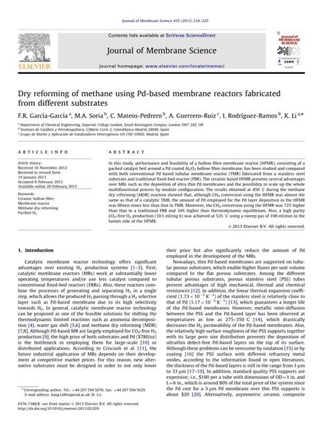Pdf Dry Reforming Of Methane Using Pd Based Membrane Reactors Fabricated From Different