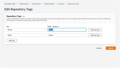 编辑存储库的标签 Aws Codecommit