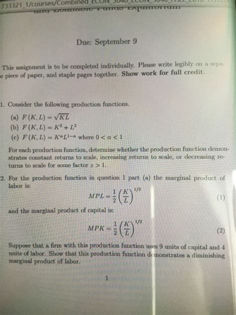 Solved Consider The Following Production Functions F K L