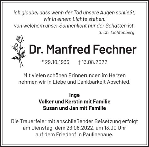 Traueranzeigen Von Manfred Fechner Märkische Onlinezeitung Trauerportal
