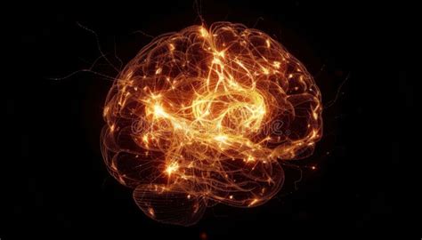 Dynamic Visual Representation Of Neural Activity In A Brain Against A Dark Background Stock