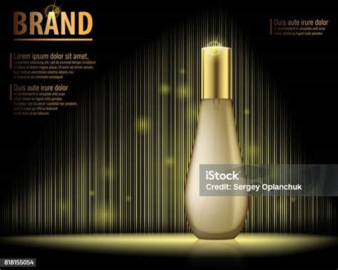 Blure 반짝이 효과와 어두운 배경에 화장품 제품 광고 디자인 에센스 포함 광고 골드 유리 병 서식 파일 로션 향수 에센스 크림에 대 한 3 차원 벡터 일러스트 레이 션