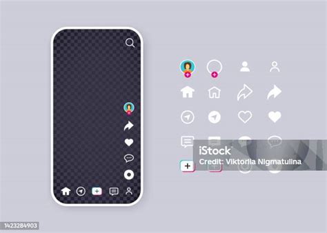 Tik Tok 소셜 미디어 앱 인터페이스 개념과 아이콘 플랫 및 개요 세트 아이콘 검색 홈 버튼과 같은 흰색 전화 화면 Ui 모형 새 비디오 버튼을 추가합니다 모바일 앱용