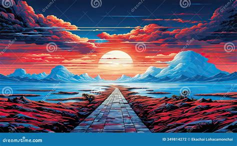Pixel Dreams Retro Digital Computer Graphics Pixel Art Landscape Blue