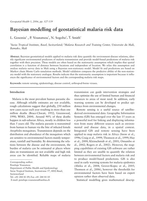 Pdf Bayesian Modelling Of Geostatistical Malaria Risk Data