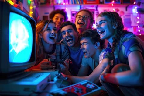 Premium Photo A Group Of Friends Playing Video Games On A Retro