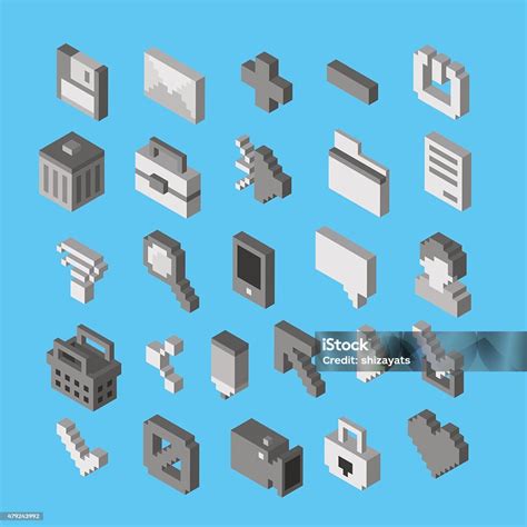 제품의 등각투영 벡터 아이콘 3 D 픽셀 스타일 회색조에 모자이크 처리에 대한 스톡 벡터 아트 및 기타 이미지 모자이크 처리 더하기 기호 아이콘 Istock