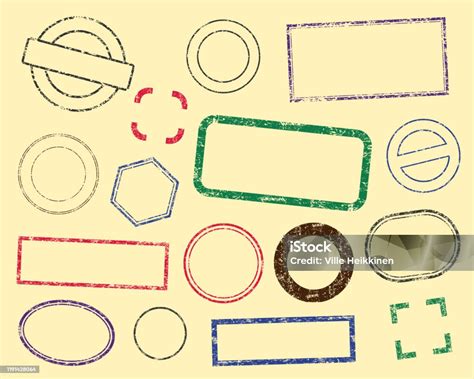 스탬프 프레임 벡터 아이콘 모양 집합입니다 스탬프 그런 지 잉크 고무 라벨 기호입니다 흰색 배경에 격리 빨간색 검은 색 녹색