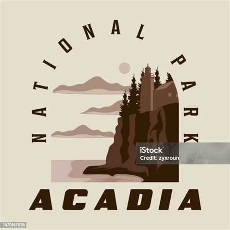 아카디아 국립 공원 로고 빈티지 벡터 일러스트 레이 션 템플릿 아이콘 그래픽 디자인 복고풍 타이포그래피 스타일로 미국 관광 여행 사업에 대한 기호 또는 기호 절벽에 대한