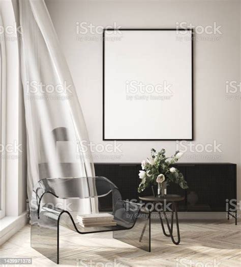 현대적인 인테리어 배경 인테리어 공간 거실 현대적인 스타일 3d 렌더링 3d 그림에 포스터 프레임 조롱 0명에 대한 스톡 사진