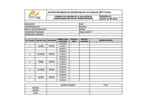 Formato De Prueba De La RelaciÓn De TransformaciÓn En Un Transformador