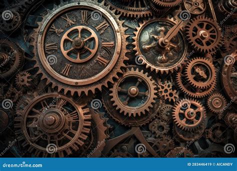 Ornate Steampunk Clock Face Made Up Of Gears And Cogs In A Metallic