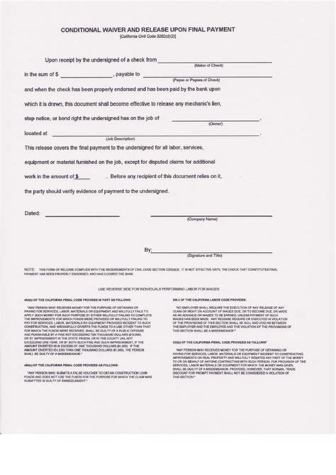Conditional Waiver And Release Upon Final Payment Form Printable Pdf Download