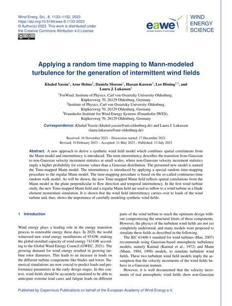 Pdf Applying A Random Time Mapping To Mann Modeled Turbulence For The Generation Of