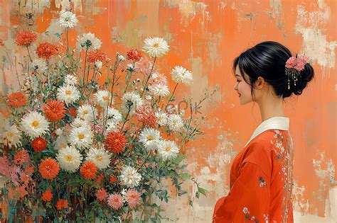 꽃 옆에 기모노를 입은 여자 일러스트 무료 다운로드 Lovepik