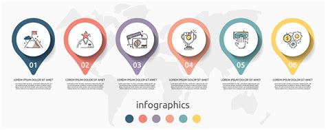 6 개의 레이블 다이어그램 그래프 프리젠 테이션에 대한 벡터 인포 그래픽 플랫 템플릿 원 6 가지 옵션과 화살표가있는 비즈니스 개념 콘텐츠 순서도 단계 타임 라인 워크플로