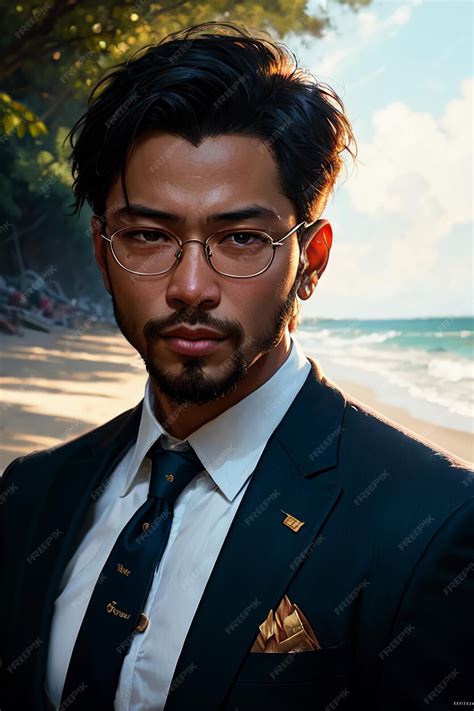 Premium Photo A Man In A Suit And Glasses Stands On A Beach