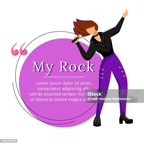 여성 가수 플랫 컬러 벡터 일러스트 록 밴드 프론트 우먼 음악가 고립 된 만화 캐릭터 빈 프레임 템플릿을 인용합니다 둥근 보라색 음성 거품 인용 인용 텍스트 상자 디자인