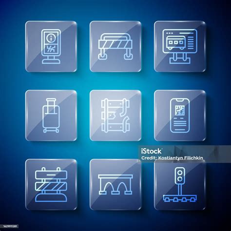 철도 트랙의 끝 기차 다리 기차 신호등 티켓을 구입하는 매표소 깨진 레일 여행 가방 정보 스탠드 및 전자 티켓 아이콘을 설정하십시오 벡터 가방에 대한 스톡 벡터 아트 및