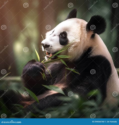 Portrait Of Giant Panda Eating Bamboo In Bamboo Forest Panda Bear