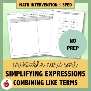 Simplifying Expressions Combining Like Terms Printable Card Sort