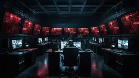 A Dark Room With A Row Of Monitors And A Large Screen Generative Ai Stock Illustration