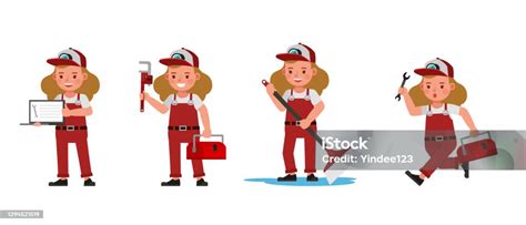 배관공 아이 소녀 캐릭터 벡터 디자인 감정과 다양한 행동의 프리젠 테이션 관로에 대한 스톡 벡터 아트 및 기타 이미지 관로 기술자 등장인물 Istock