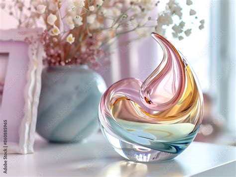 Foto De 꽃과 꽃병을 배경으로 흰색 테이블 위에 놓인 무지개빛 화려한 유리병 Do Stock Adobe Stock