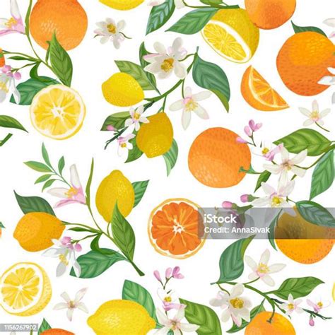 열대 과일 잎 꽃 배경 원활한 레몬과 오렌지 패턴 여름 로맨틱 커버 열대 벽지 빈티지 질감을위한 수채화 스타일의 손으로 그린 벡터 일러스트레이션 감귤류 과일에 대한 스톡